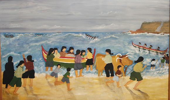 Bonhams : Marion Bramhall Coastal scene, gig racing, "Nazare", on ...