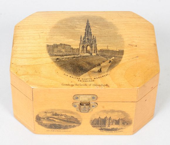 Bonhams : A Mauchline ware box of canted rectangular form, the lid (Sir ...