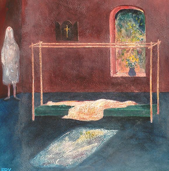 Bonhams : Anthony Fry (British, b.1927) Figures in an interior with cross.