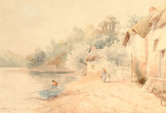Bonhams : Henry Murray (British, fl. 1850-1860) Cottages by a river.
