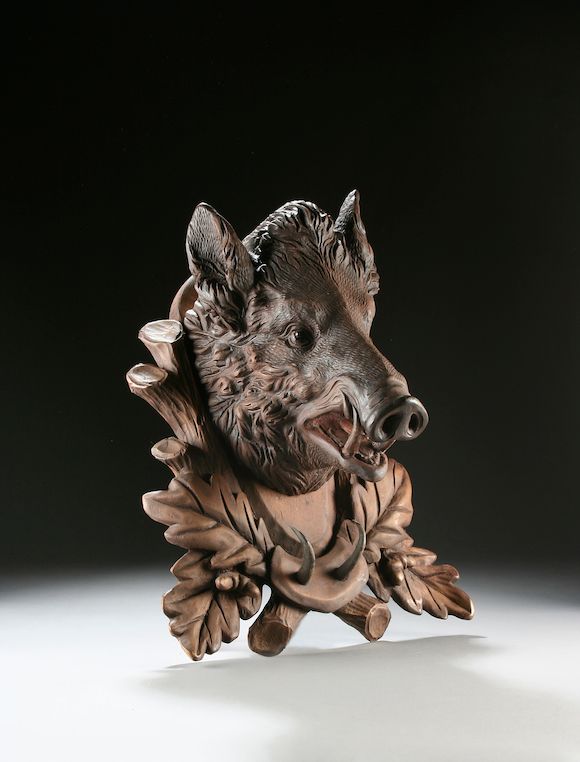 Bonhams : A Black Forest carved boar's head