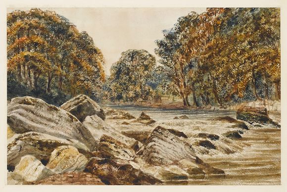 Bonhams : Follower of Peter de Wint (British, 1784-1849) An Autumn river scene 11 3/8 x 17 3/8in