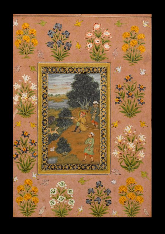 Bonhams : A prince out hunting gazelles in a landscape, crouching on a ...