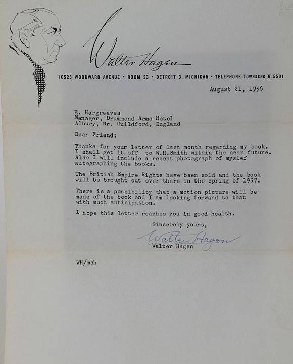 Bonhams : A clear Walter Hagen signature on his decorative headed notepaper