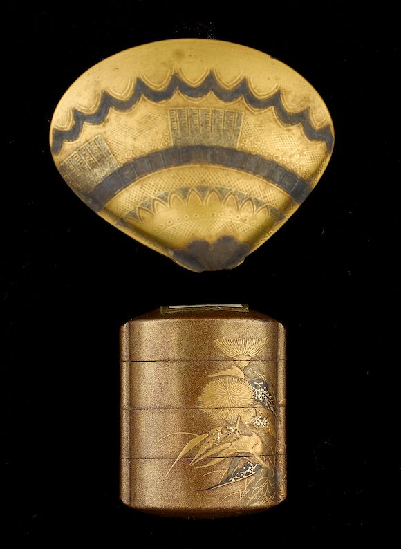 Bonhams : A small three-case inro and a shell-shaped kogo;