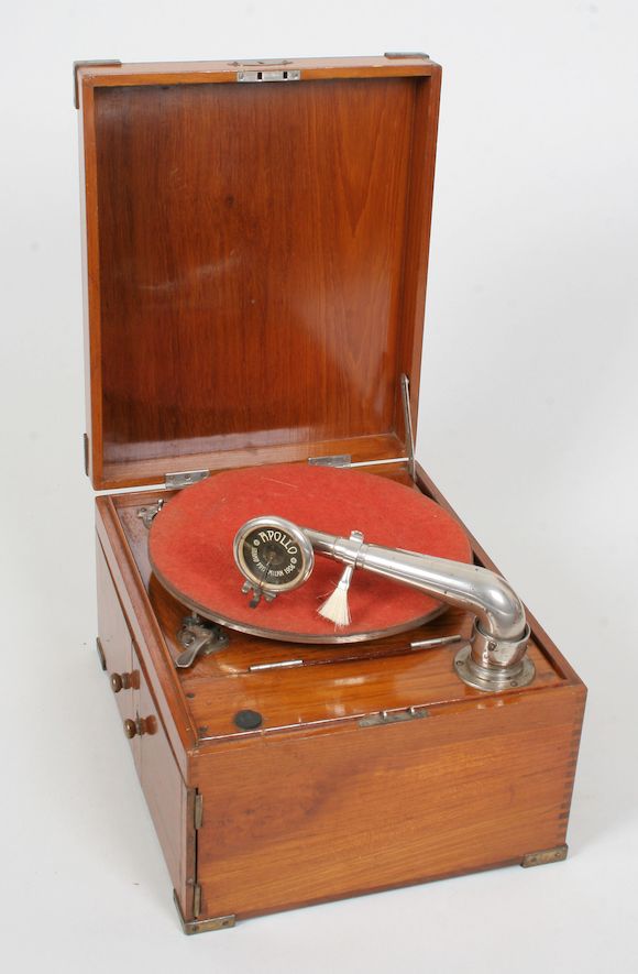 Bonhams : An Apollo tropical mahogany cased portable gramophone