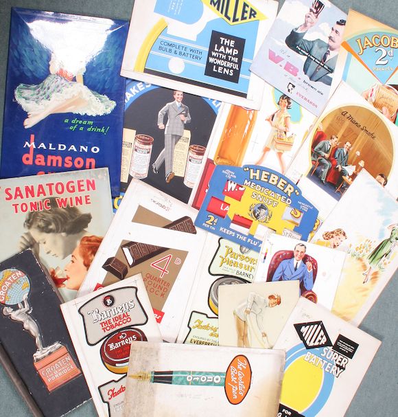 Bonhams : A group of point of sale advertising signs on boards,