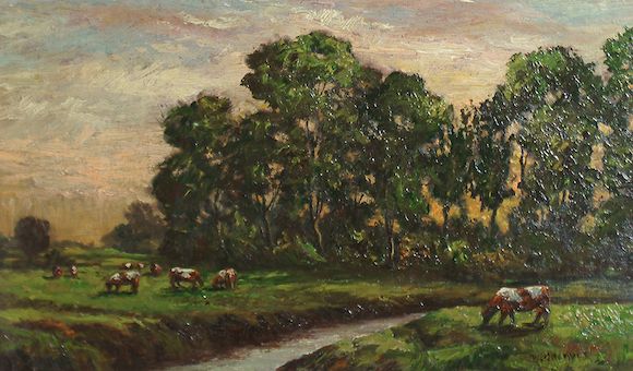 Bonhams : William Greaves (British, 1852-1938) Cattle grazing at sunset