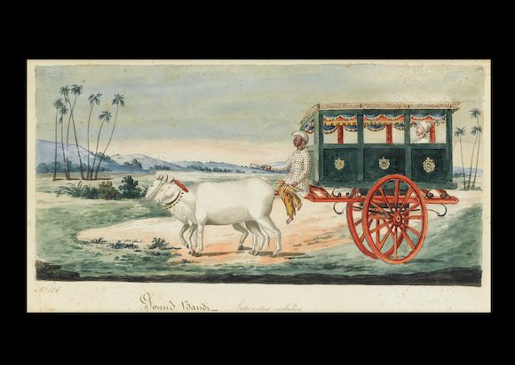 Bonhams : A nobleman riding in a palanquin drawn by bullocks across a ...