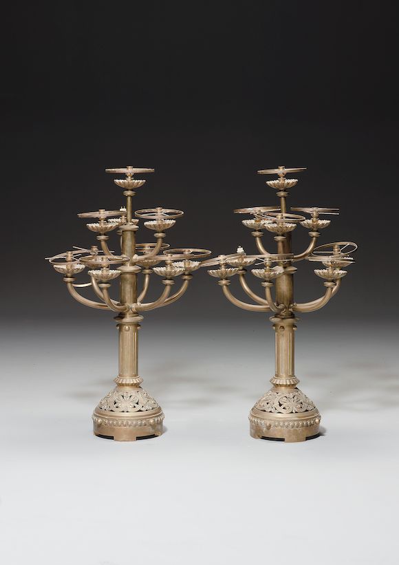 Bonhams : A pair of early 20th century brass ten light gas candelabra lamps