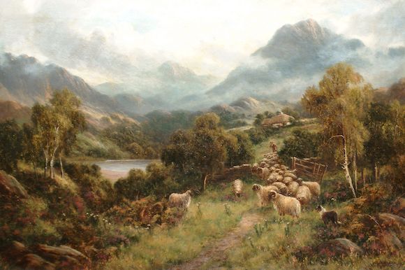 Bonhams : William Langley (British, 1852-1922) Drover and sheep in a ...