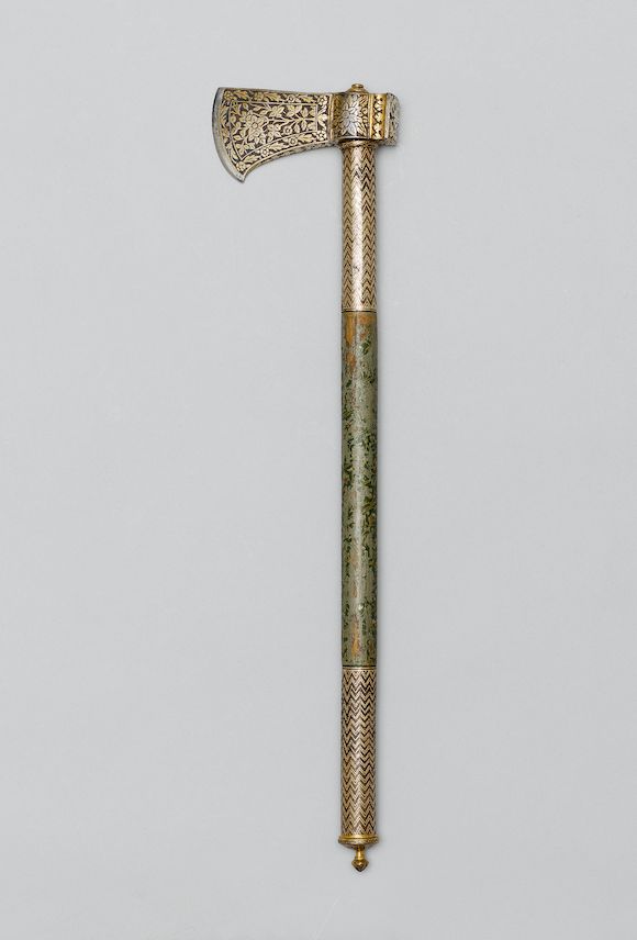Bonhams : A Mughal gold damascened lacquered steel Axe (tabar) India ...