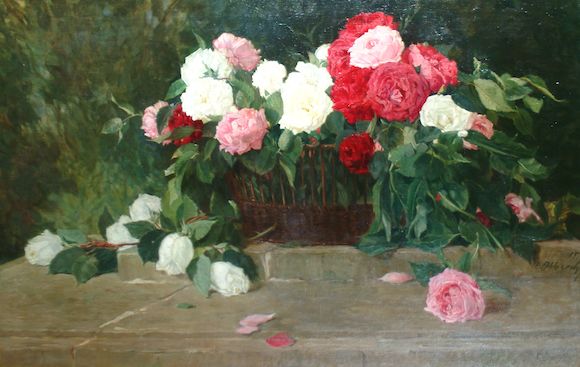 Bonhams : Karl Albrecht (German, 1862-1926) Still life of roses in a basket