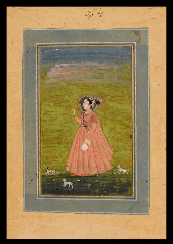 Bonhams : A princess carrying a morchal walking in a landscape, puppies ...
