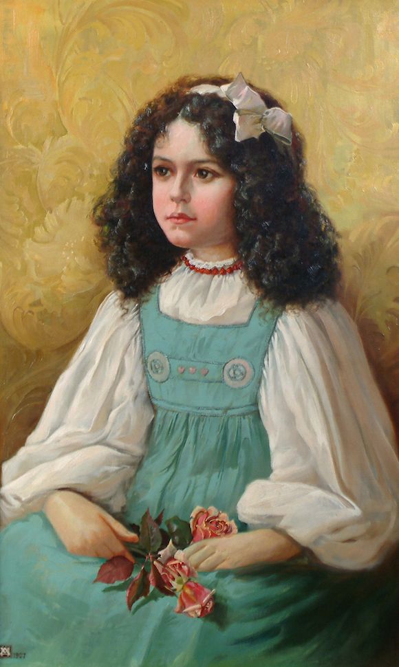 Bonhams : Anna Lea Merritt (1844-1930) Portrait of a young girl holding ...