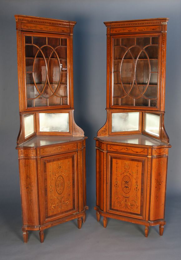 Bonhams : A pair of Edwardian Adam Revival satinwood corner display ...