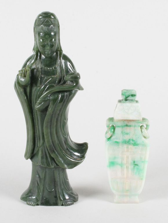 Bonhams : A Jade figure of GuanYin, another in rock crystal and a Jade ...