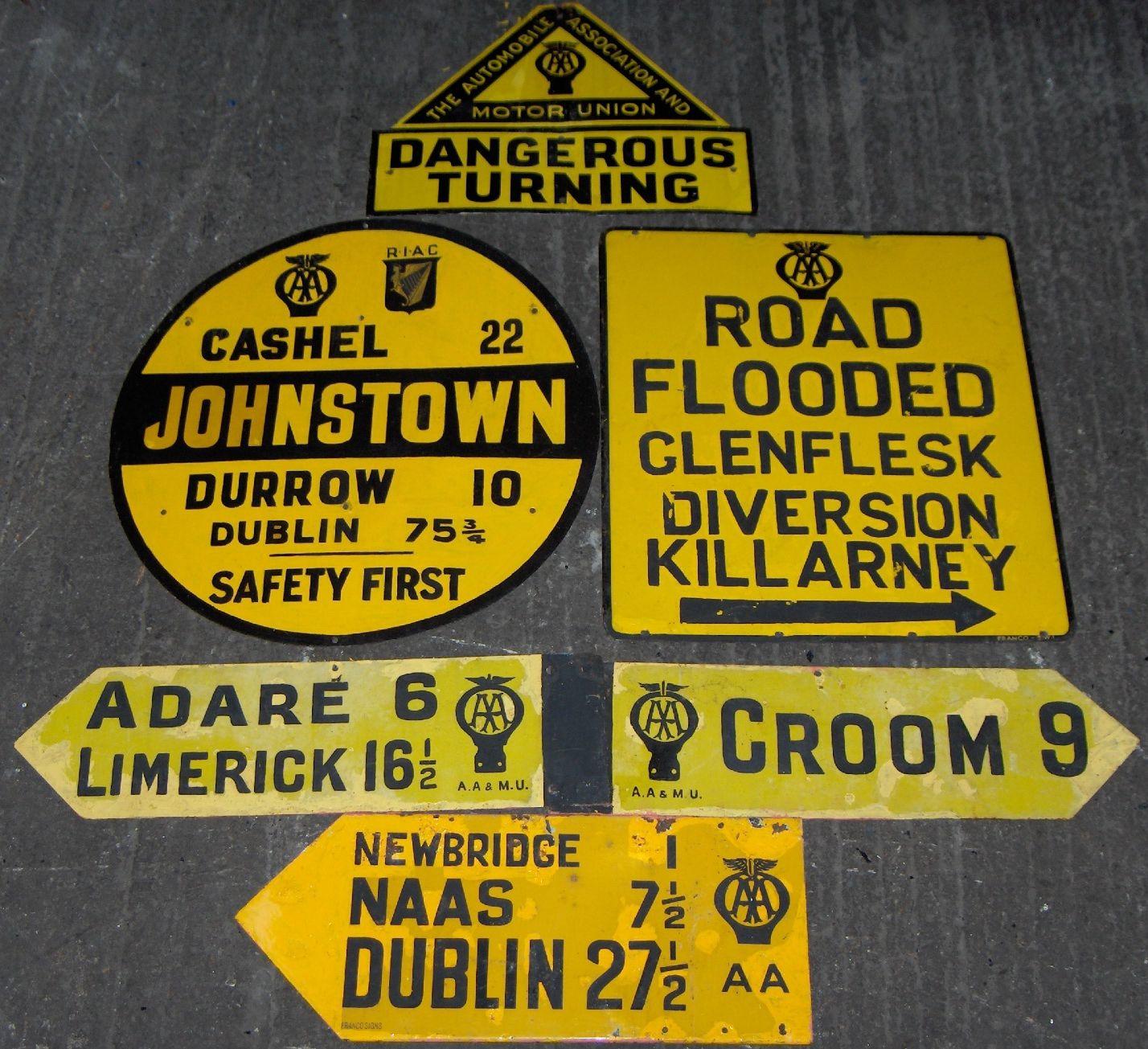 Bonhams Cars : Three AA & MU enamel signs, Irish,