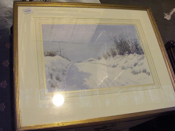 Bonhams : Howard Jackson Country lane in winter signed, watercolour ...
