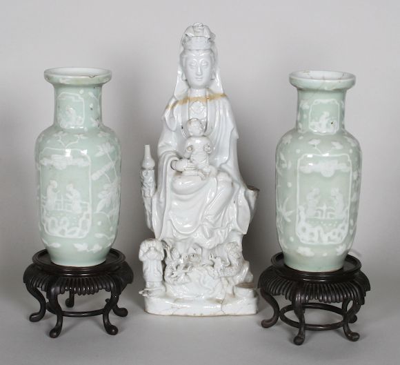 Bonhams : A pair of Chinese celadon ground vases and a blanc de chine ...