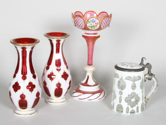 Bonhams A Pair Of Bohemian Overlay Vases A Table Lustre And A White