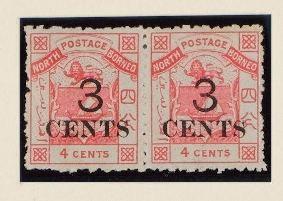 Bonhams : North Borneo 1886 perf. 12 3c. on 4c. pink, horizontal pair ...