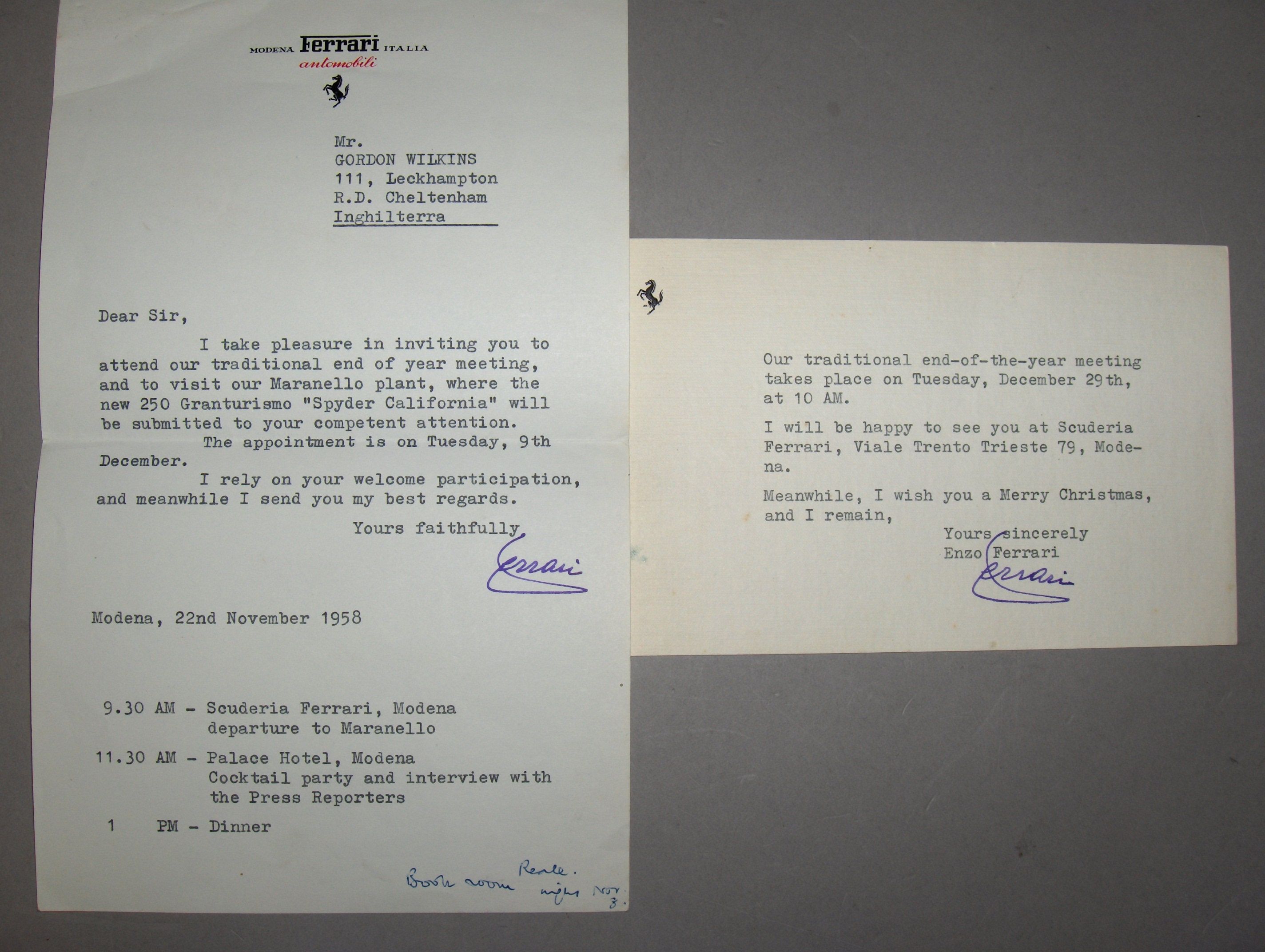 Bonhams Cars : Two signed letters from Enzo Ferrari to Gordon Wilkins,