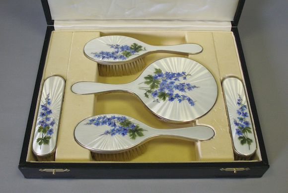 Bonhams : A five piece silver and enamelled dressing set, maker's mark ...