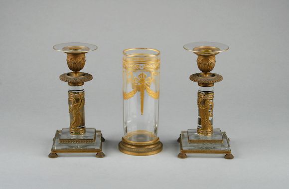 Bonhams : A pair of French gilt mounted crystal glass dwarf candlesticks
