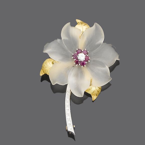 Bonhams : A rock crystal, ruby and diamond flower brooch