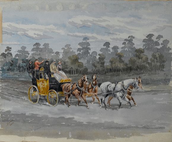 Bonhams : Arthur Esam (Australian, 1850-1938) A coach party travelling ...