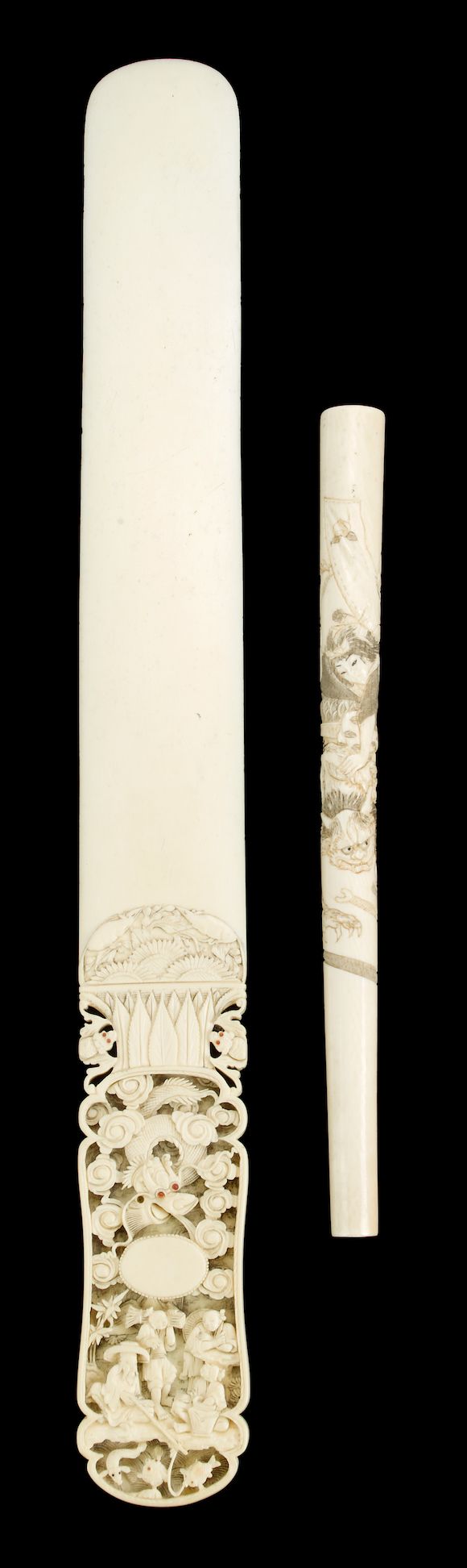 Bonhams : Two ivory objects, comprising a page turner; and a parasol handle