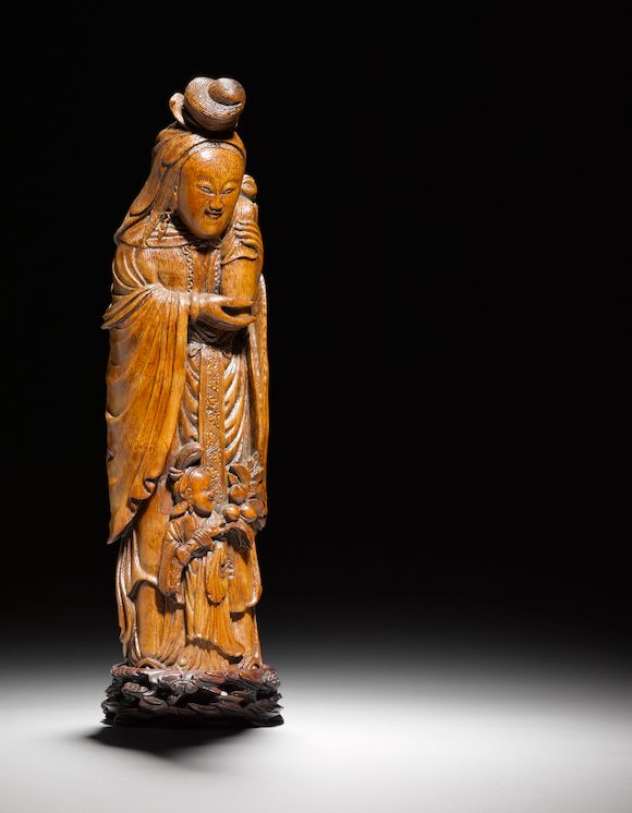 Bonhams : A fine carved bamboo figure of an Immortal and attendant 18th ...