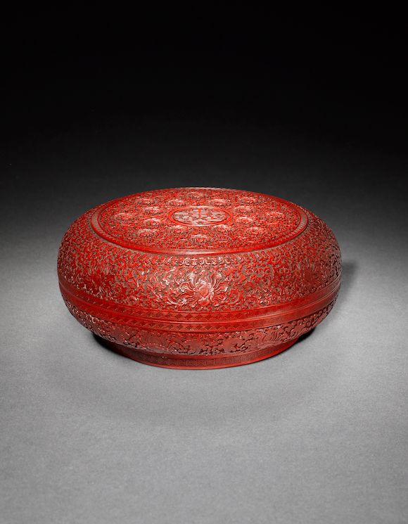 Bonhams : A large red lacquer carved 'shou character' box and cover ...