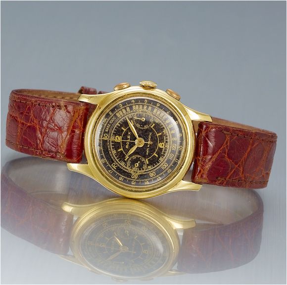 Bonhams : Rolex. A fine and rare 18ct gold chronograph wristwatch with ...