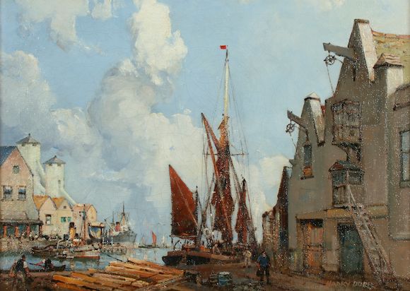 Bonhams : Harry Dorr (British, 1872-1950) 'Wharfside, Ipswich Docks, 1937',