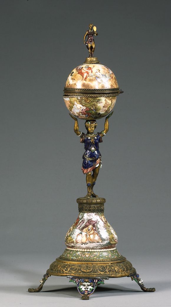 Bonhams : A 19th century Viennese enamelled gilt metal figural globe ...