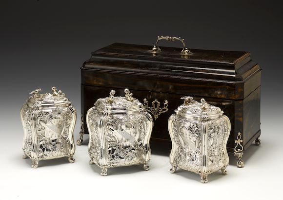 Bonhams : A matching suite of three George II silver tea caddies, two ...