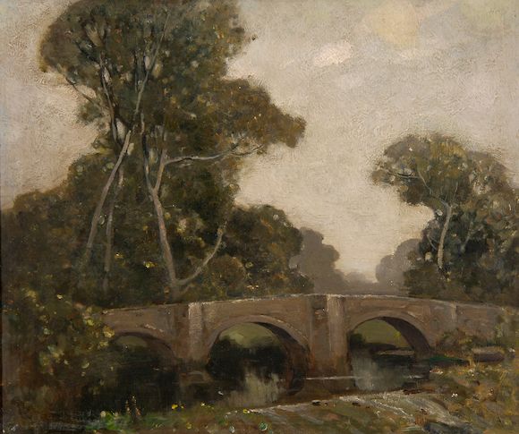 Bonhams : Frederick Milner (British, 1863-1939) River scene with bridge,