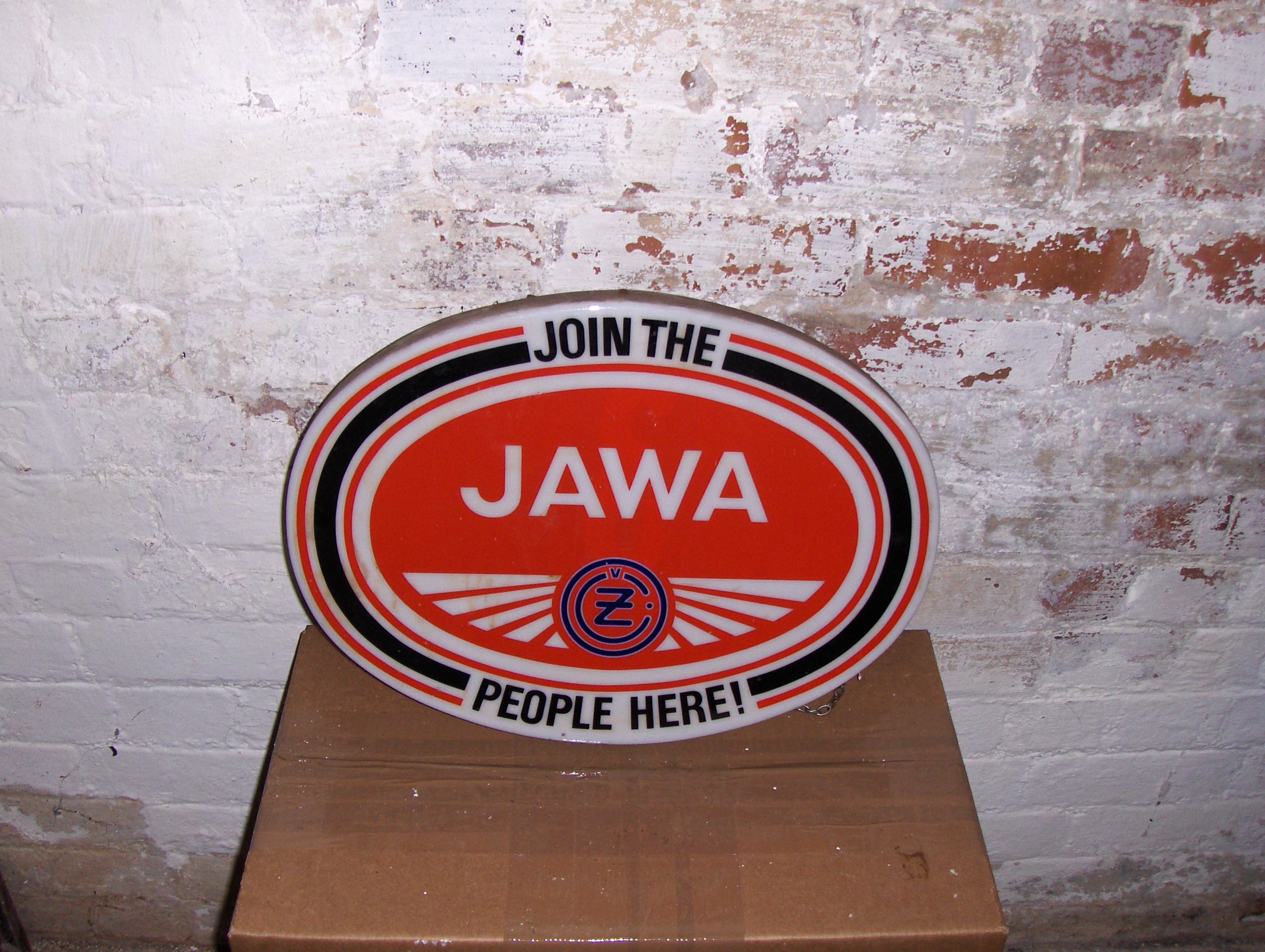 Bonhams Cars : A ‘Jawa - Join the People Here’ hanging showroom sign,