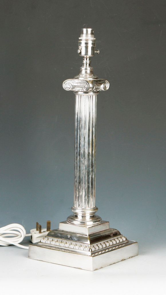 Bonhams : An EPNS Ionic column electric table lamp