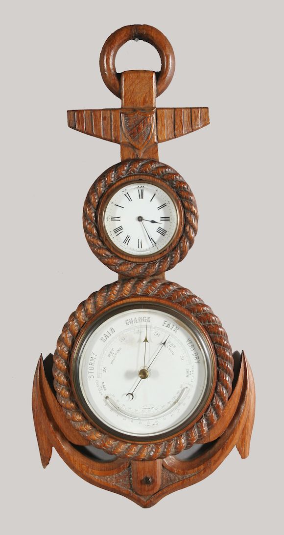 Bonhams : A late Victorian novelty oak aneroid barometer/thermometer ...
