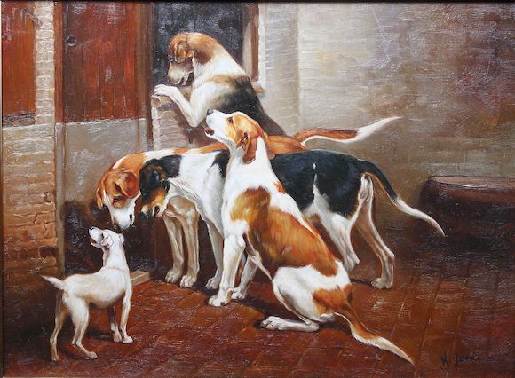 Bonhams : N Goodman Hounds in a kennel 39cm x 28cm.