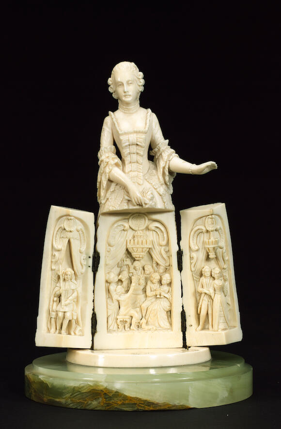 Bonhams : A second half of the 19th century Dieppe carved ivory triptych figure of an 18th ...