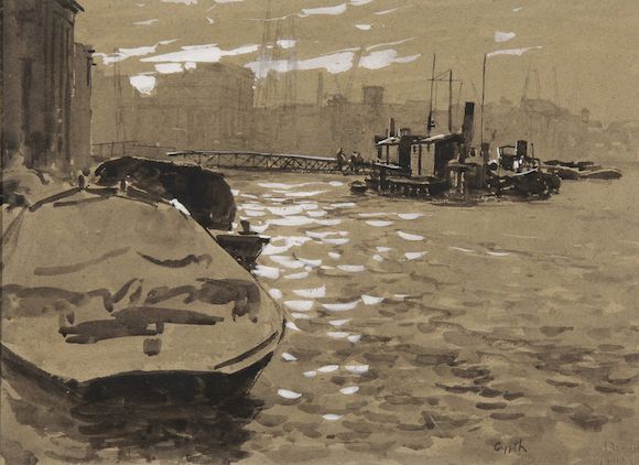 Bonhams : Gyrth Russell (Canadian, 1892-1970) Town river scene with barges,