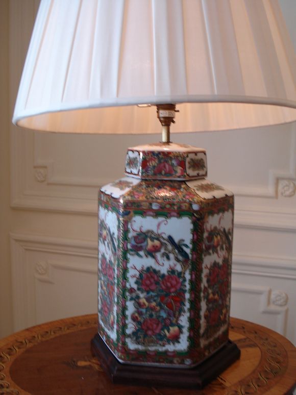 Bonhams : A pair of famille rose decorated octagonal table lamp bases