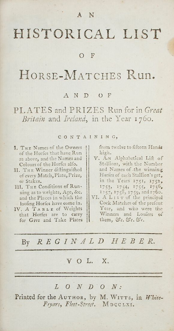 Bonhams : An Historical List of Horse-Matches Run, 1760 Heber (Reginald)