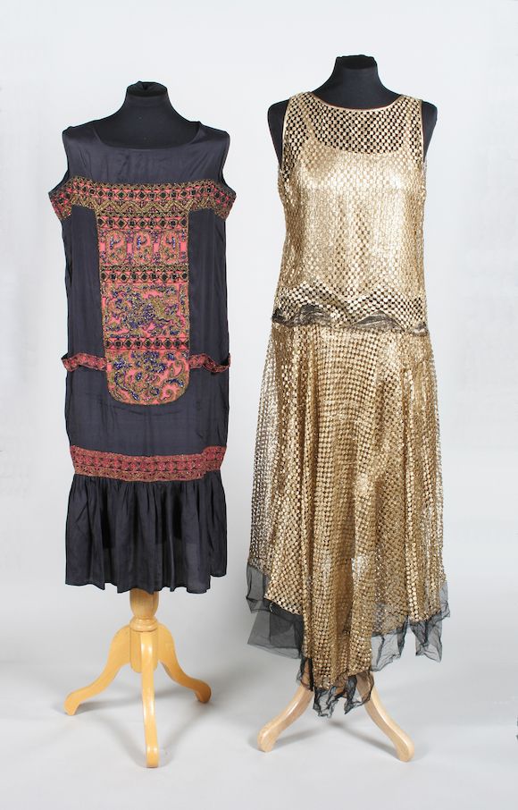 Bonhams : A gold mesh flapper dress, a black embroidered dress and ...