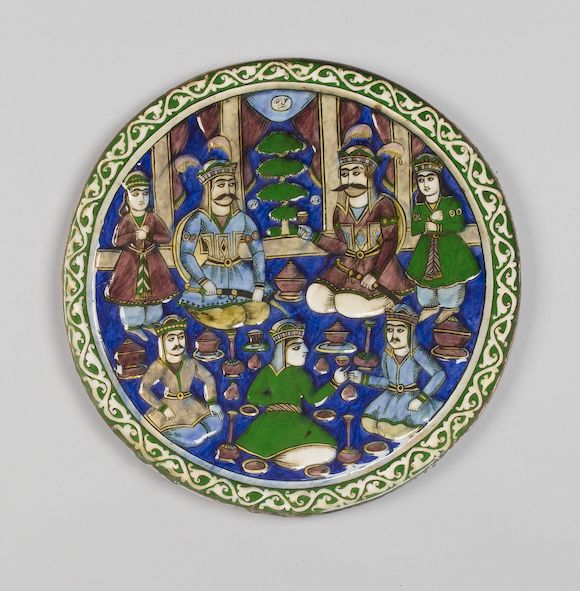 Bonhams : A Qajar underglaze painted moulded pottery Tile depicting ...