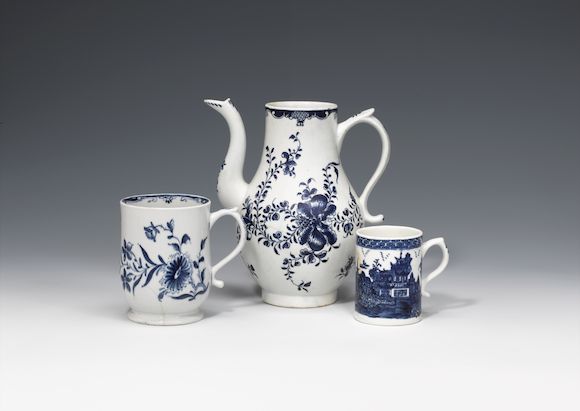 Bonhams : A Lowestoft coffee pot and two mugs circa 1775-85
